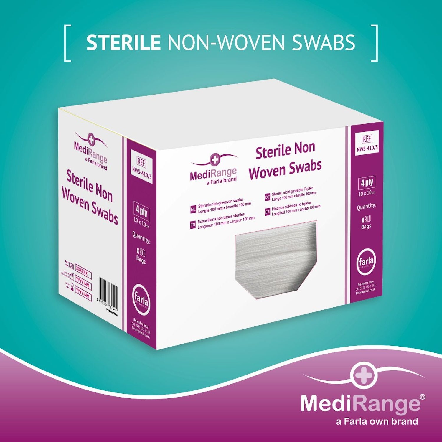 MediRange Non-Woven Swabs | Sterile | 10 x 10cm | 4 Ply | Pack of 5 x